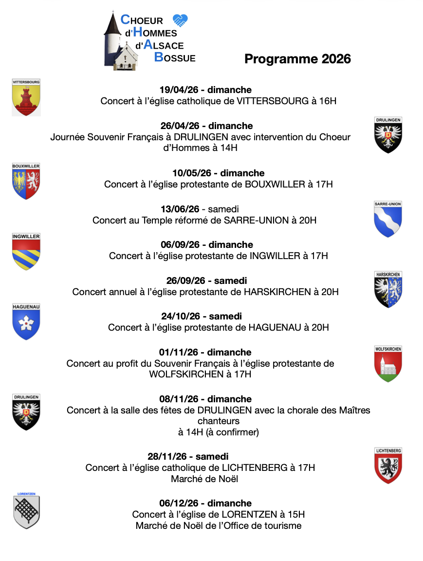 Notre programme de concerts en 2026 - Choeur d'hommes d'Alsace Bossue